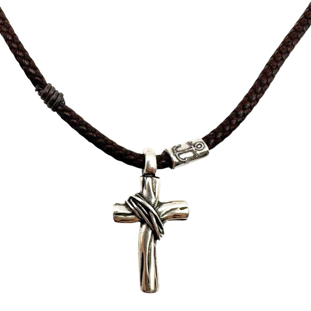 Collar con cruz de maderos, cordón cuero | Collar masculino