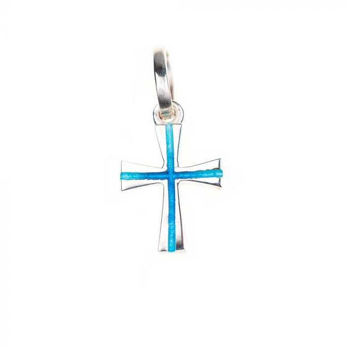 Colgante con forma de cruz latina, en plata y esmalte azul
