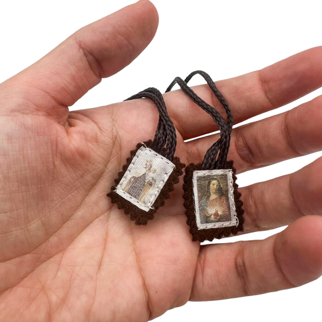 Escapulario tradicional tela, Virgen del Carmen y Corazón de Jesús