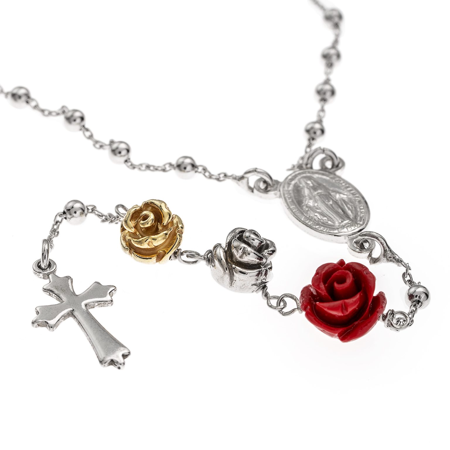 Rosario Medalla Virgen Milagrosa y tres rosas de colores, plata 925